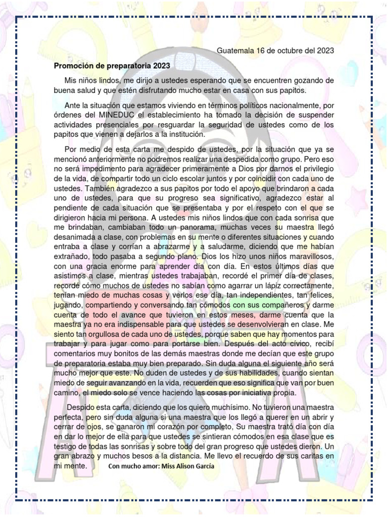 Carta de despedida- Miss Alison García.. | PDF