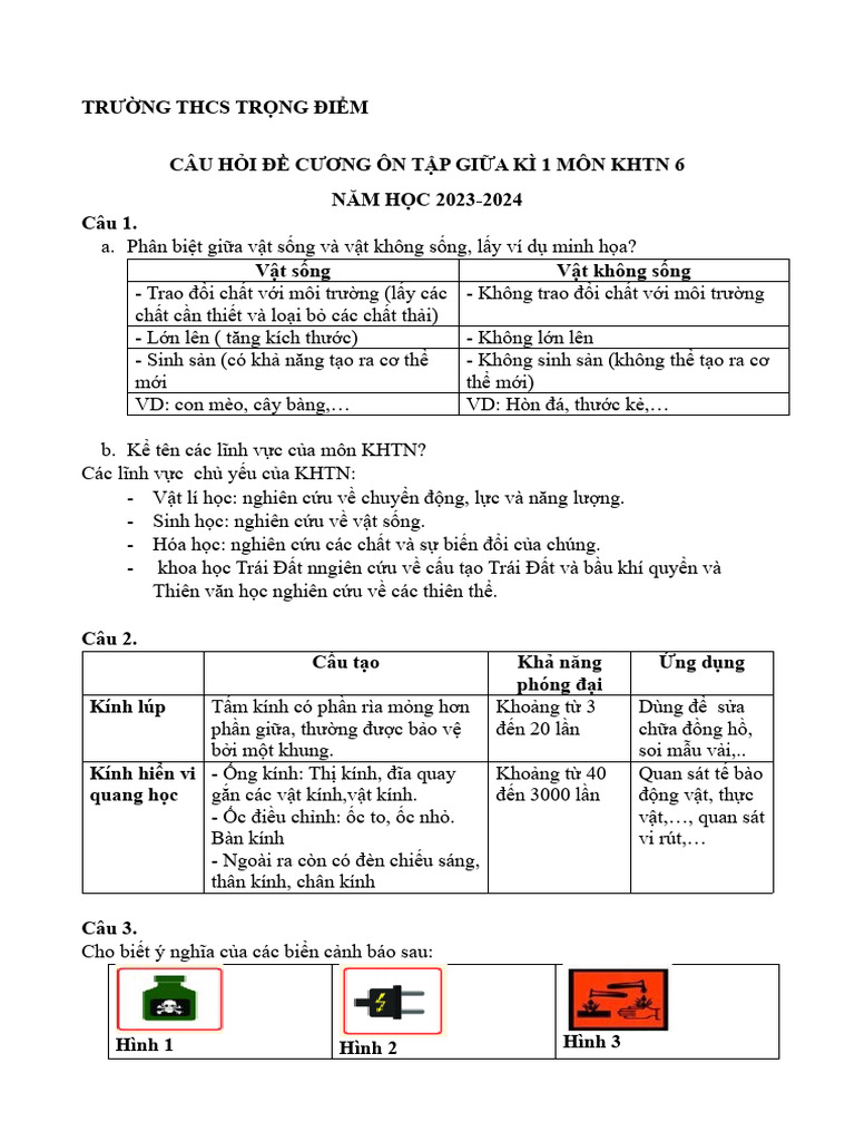 KHTN 6 - Ôn tập GK1 | PDF