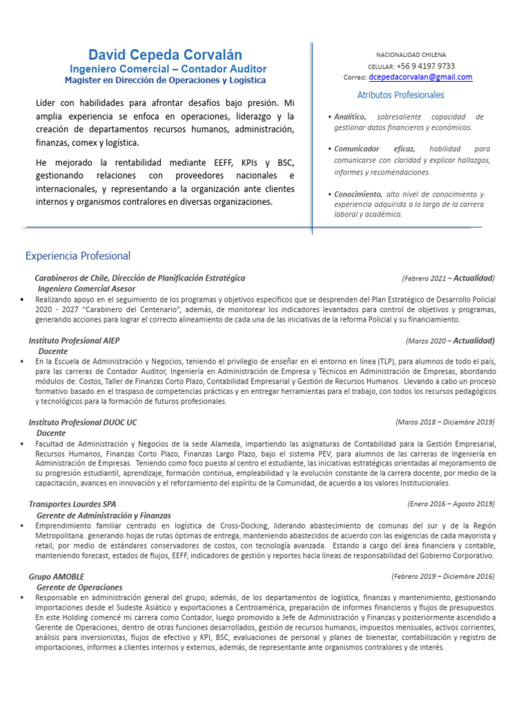 David Cepeda Corvalan - Curriculum.docx | PDF | Contabilidad | Logística