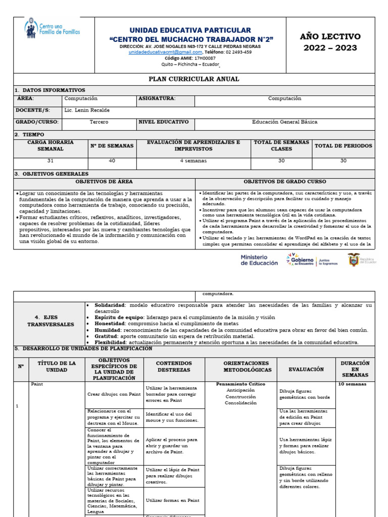 PCA 2022 2023 Computación 3RO | PDF | Microsoft Word | Programa de computadora