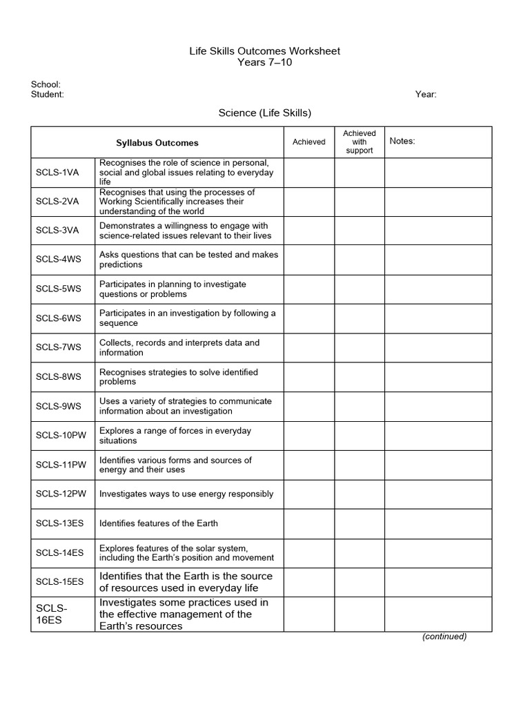 Science 7 10 Life Skills Outcomes Worksheet | PDF