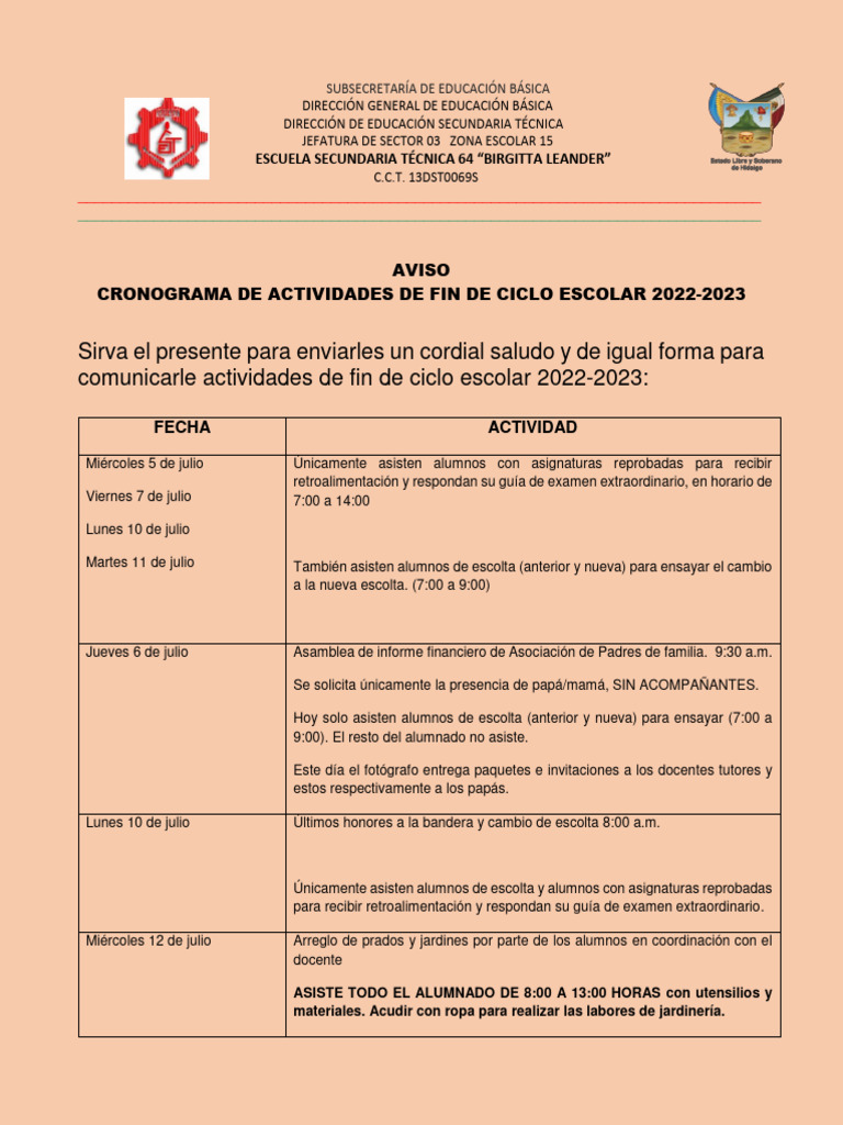 Cronograma Fin de Ciclo Escolar 2022-2023 | PDF