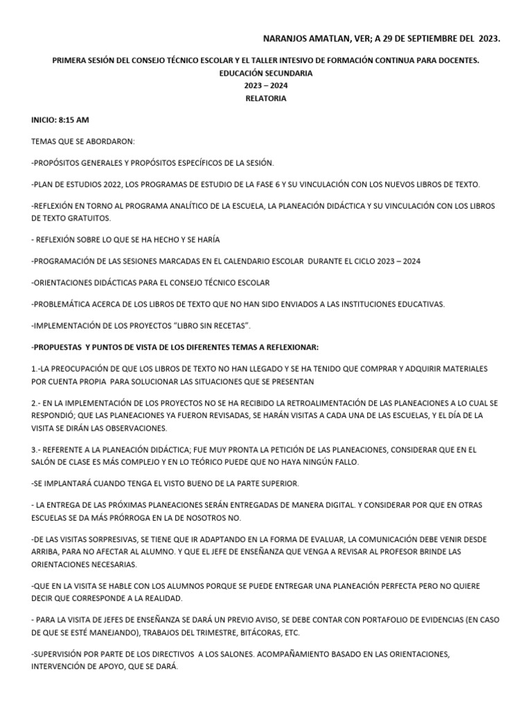 Relatoría Primera Sesión CTE 2023-2024 | PDF | Enseñando | Aprendizaje