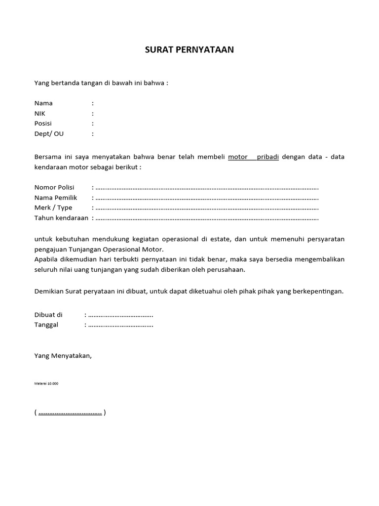Form Pernyataan Sewa Motor | PDF
