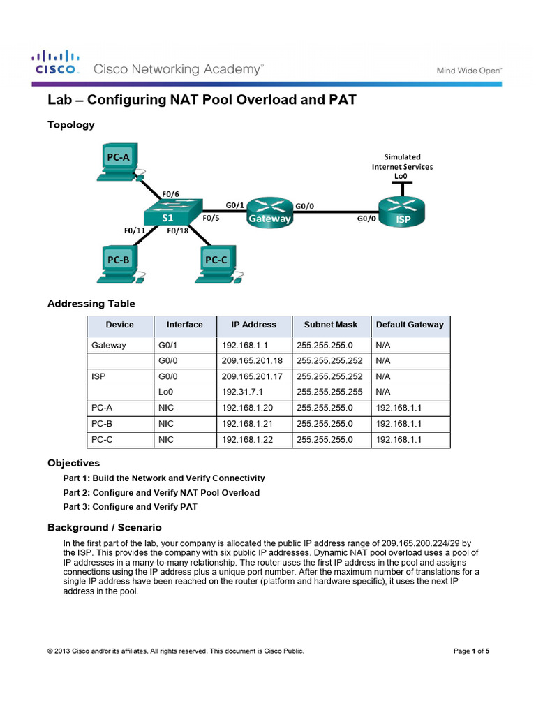Lab6a2 - Configuring NAT Pool Overload and PAT | PDF | Ip Address | Router (Computing)