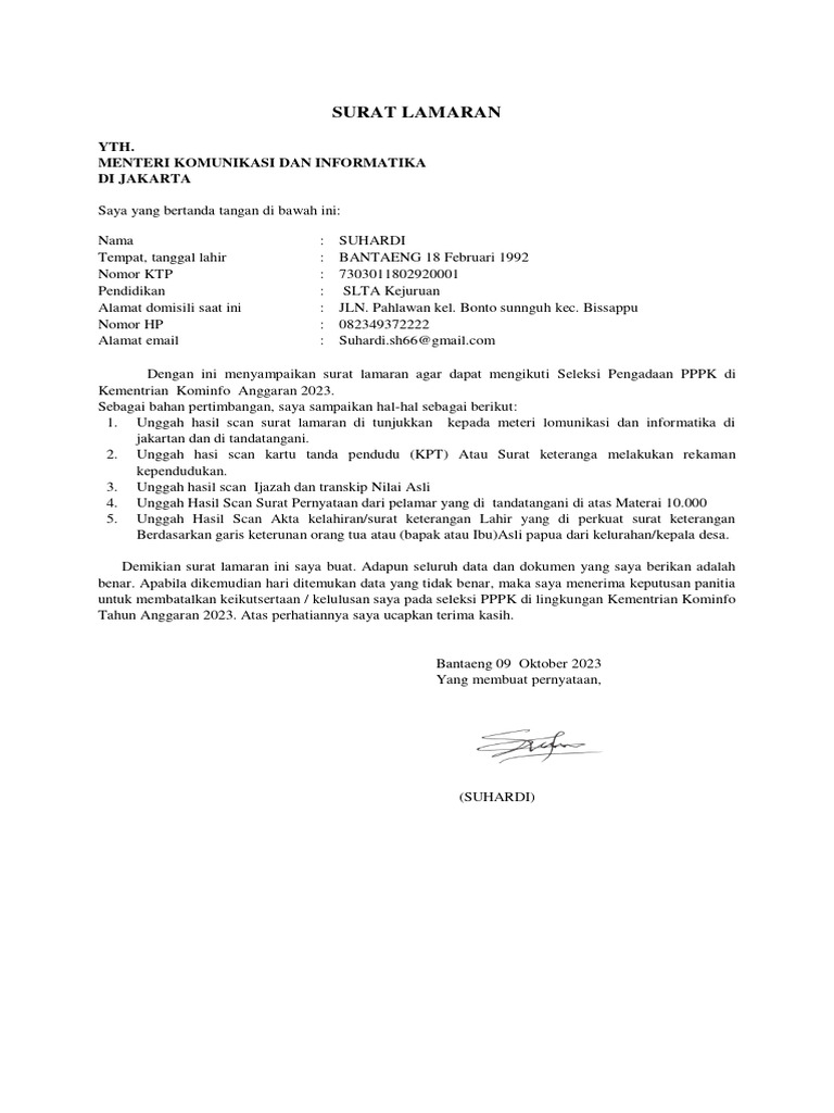 Lampiran III. Format Surat Lamaran PPPK BNPB TA 2023 | PDF