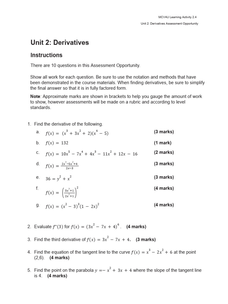Unit 2 Assessment - Derivatives | PDF | Tangent | Velocity
