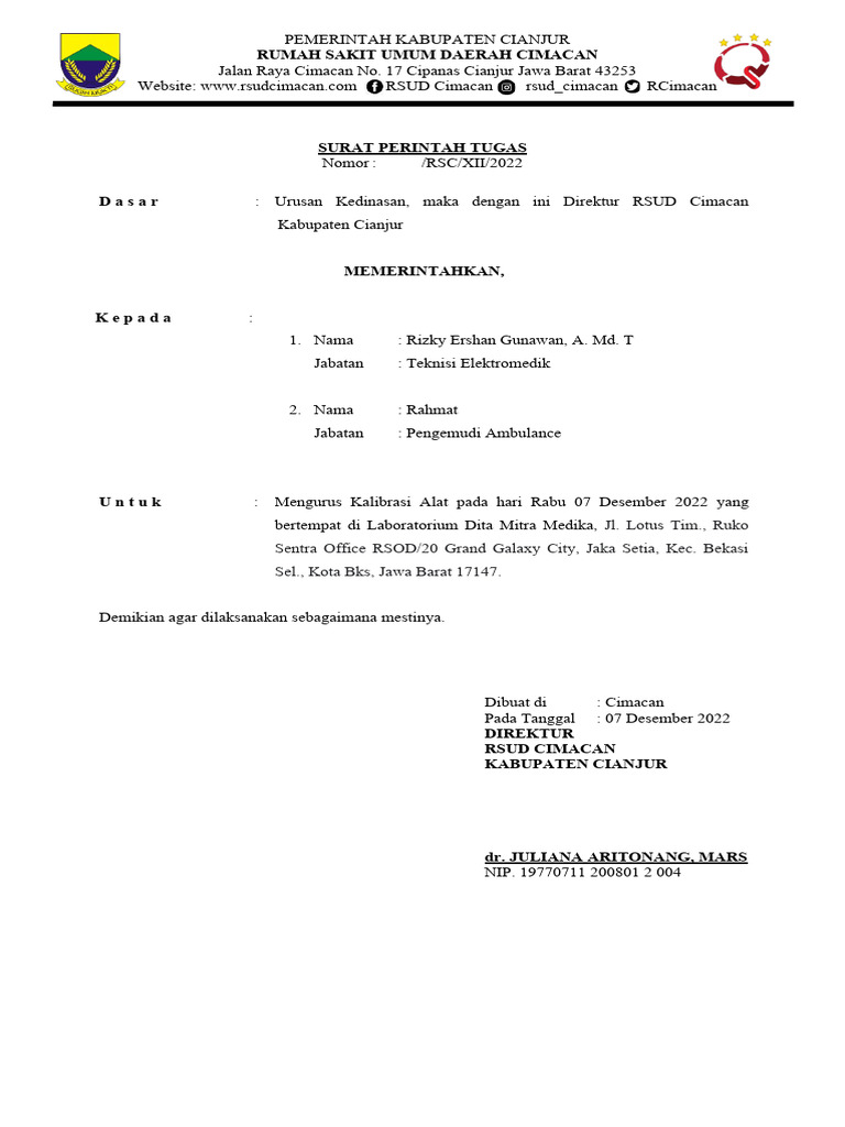 Surat Tugas RSUD Cimacan 2022 | PDF