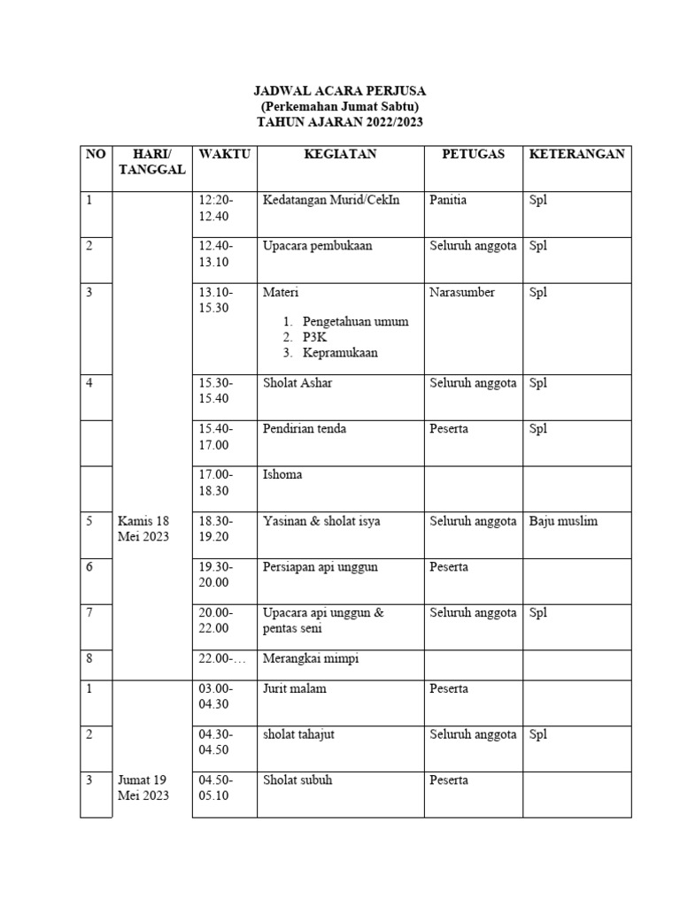 Jadwal Acara Perjusa 2023 | PDF