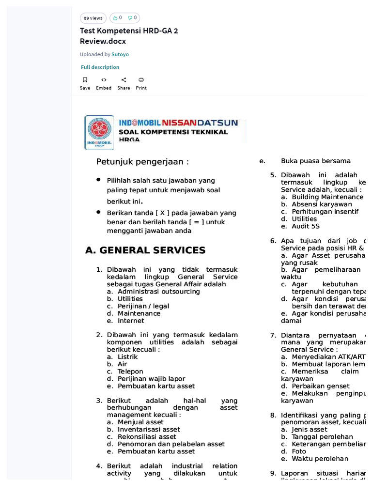 PDF Test Kompetensi HRD Ga 2 Reviewdocx - Compress | PDF