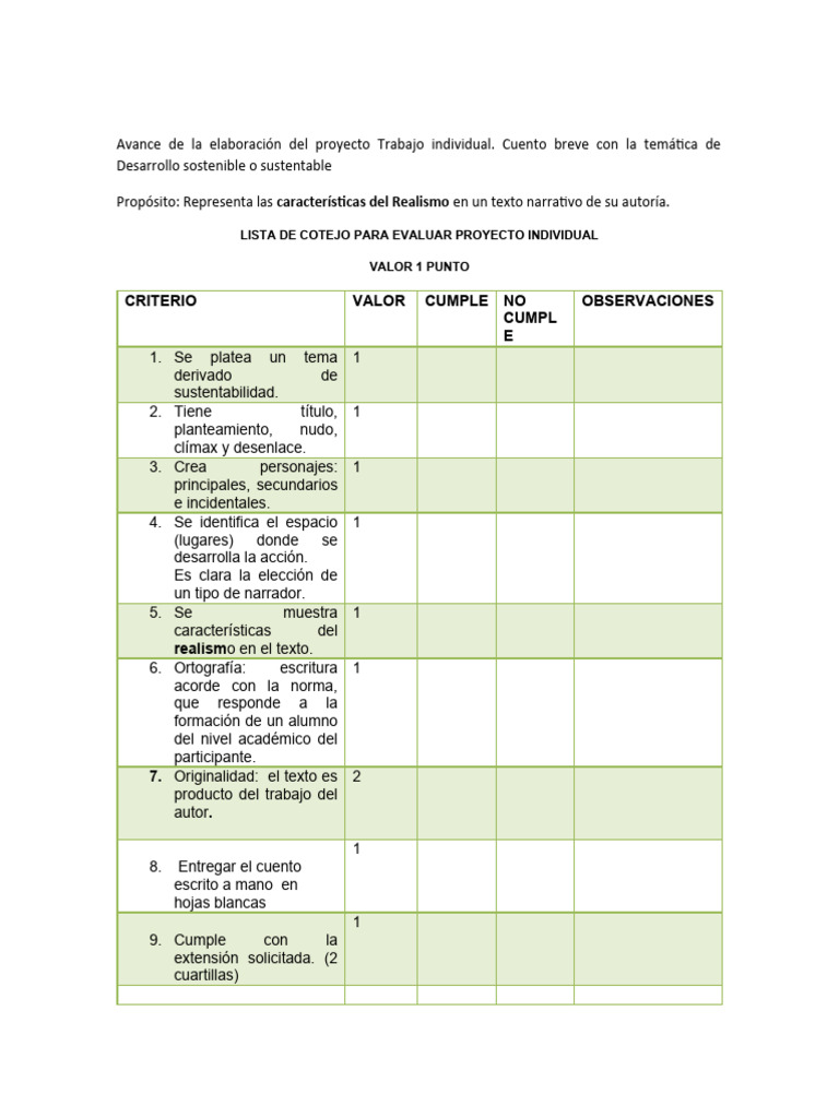 LISTA DE COTEJO PARA EL CUENTO 1 Definitivo | PDF