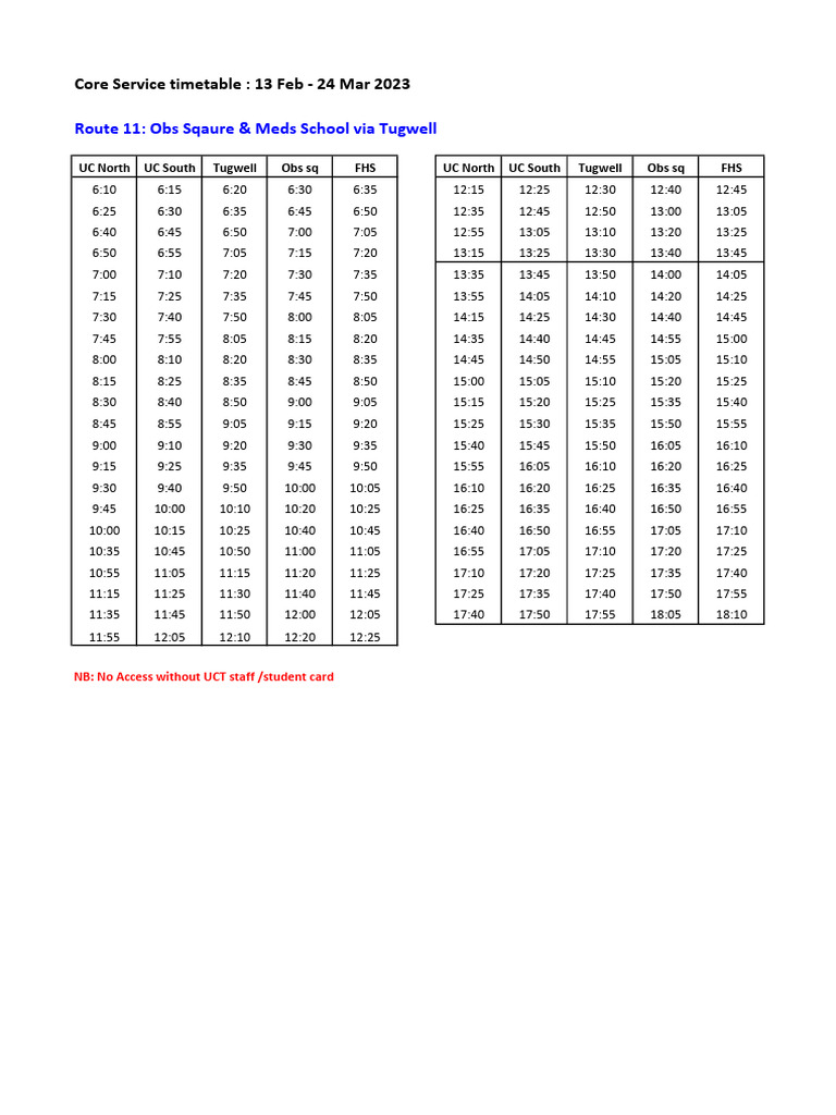 UCT Core Bus Timetable 2023 | PDF