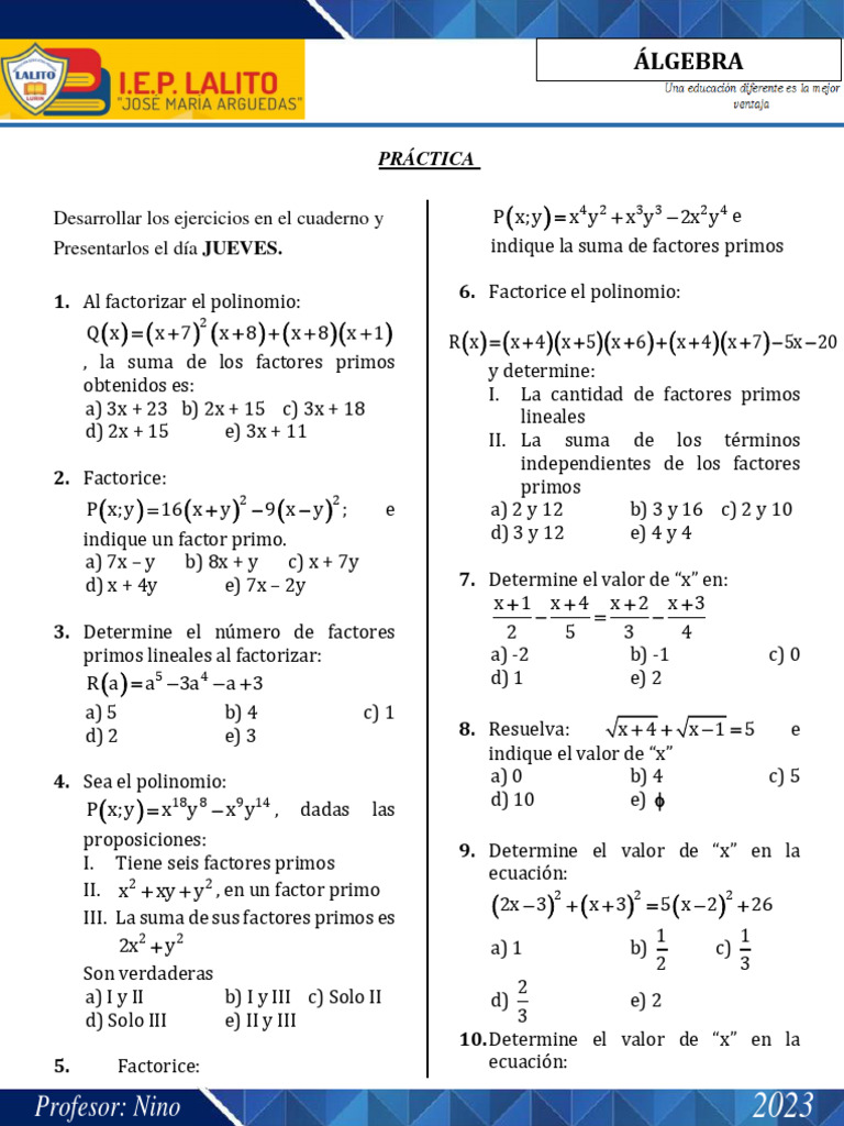Práctica de Álgebra Pre SM | PDF | Factorización | Álgebra abstracta