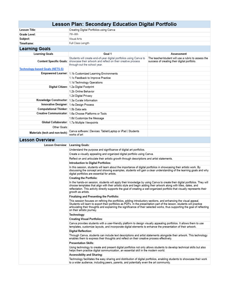 Lesson Plan Seconday Education Digital Portfolio - Sheet1 | PDF ...