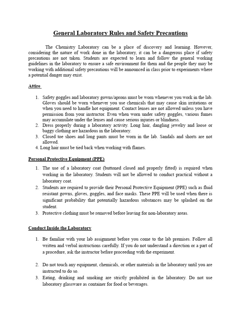 General Laboratory Rules and Safety Precautions | PDF | Personal ...