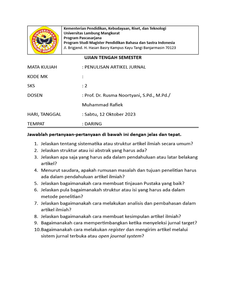 Soal Uts Penulisan Artikel Ilmiah | PDF