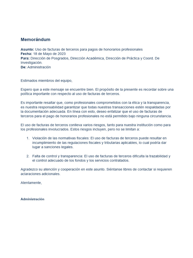 Modelo de Memo Sobre La Utilizacion de Facturas de Terceros | PDF Modelo de Memo Sobre La Utilizacion de Facturas de Terceros | PDF