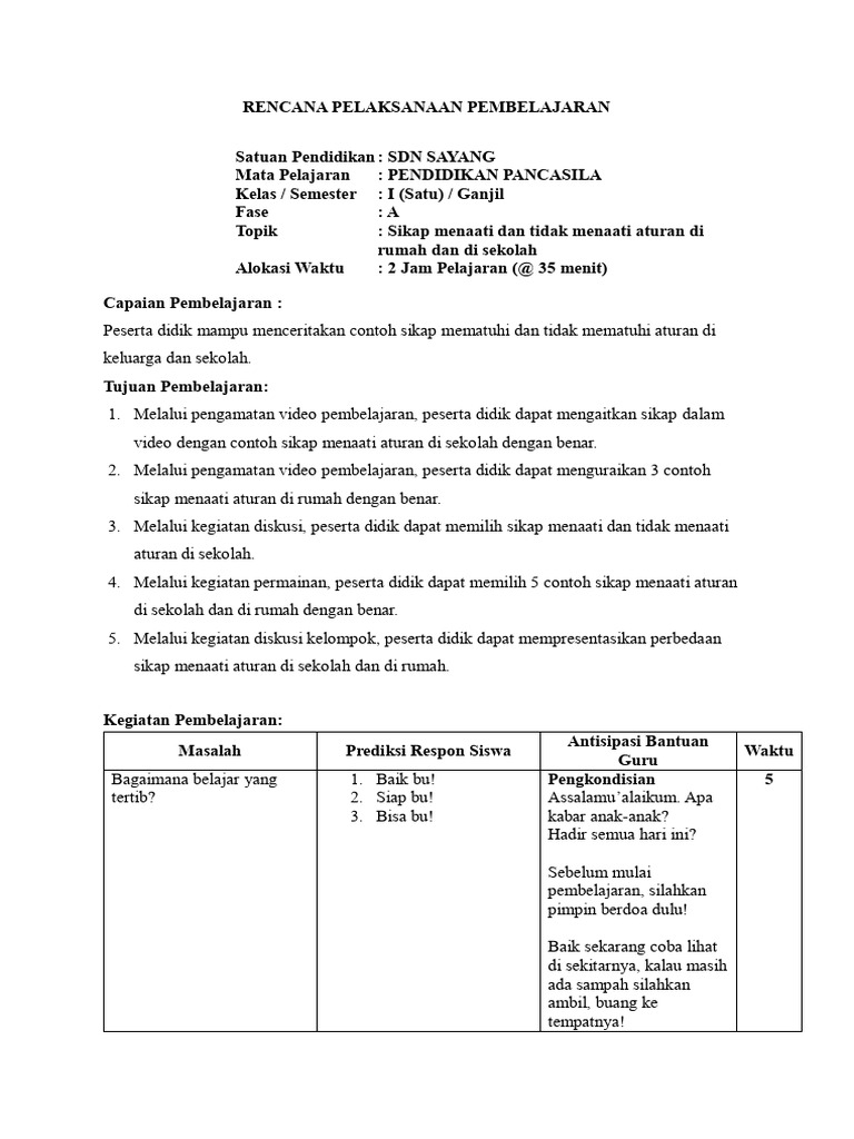 Rencana Pelaksanaan Pembelajaran Pendidikan Pancasila | PDF