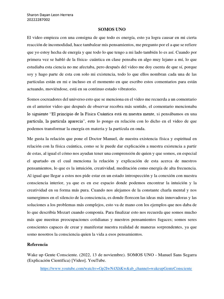 Leon Sharon-Comentario Video Somos Uno | PDF | Pensamiento | Mente