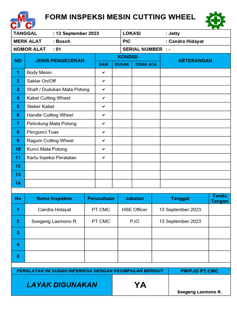 Form Inspeksi Mesin Cutting Wheel | PDF