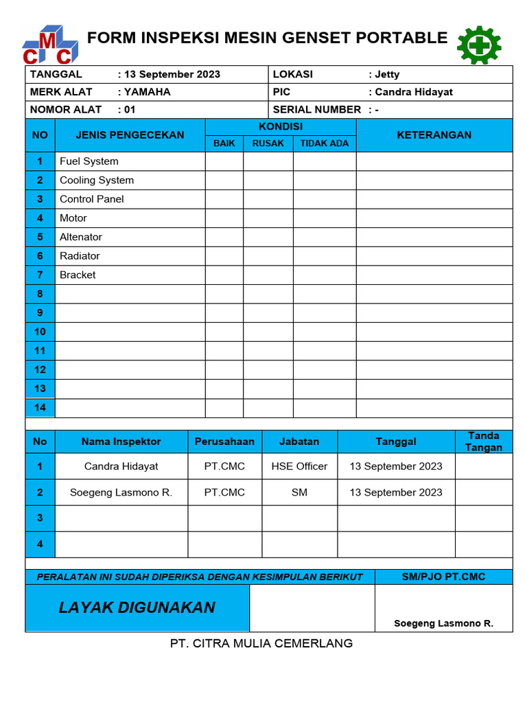 Form Inspeksi Mesin Genset Portable | PDF