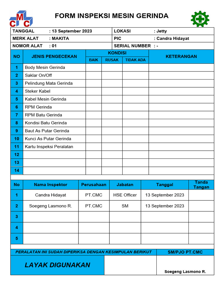 Form Inspeksi Mesin Gerinda | PDF