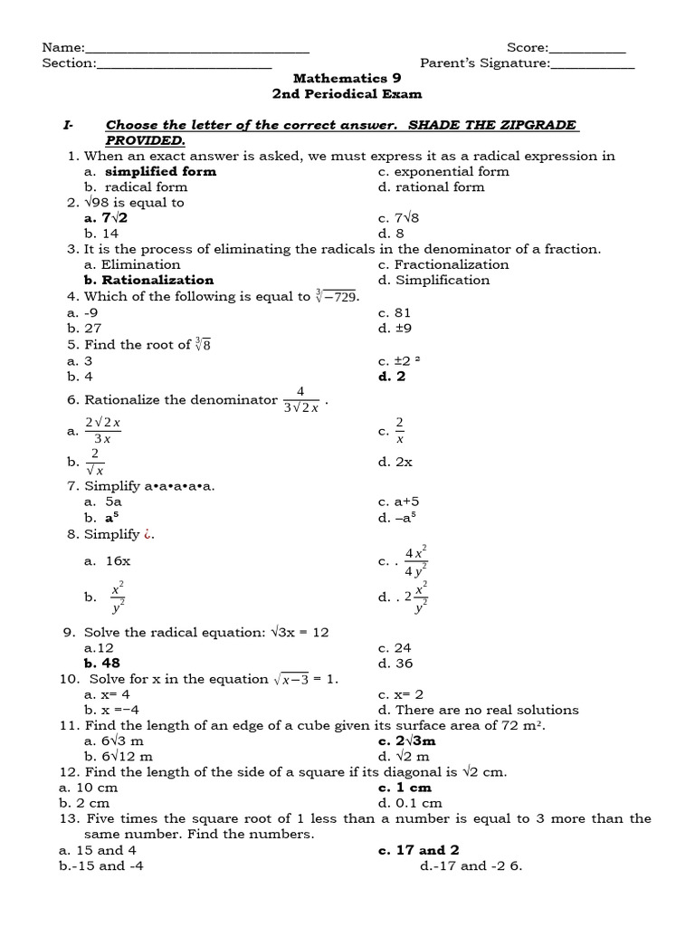 First-Quarter-Final-Math 9 2021 2Q | Download Free PDF | Equations | Square Root