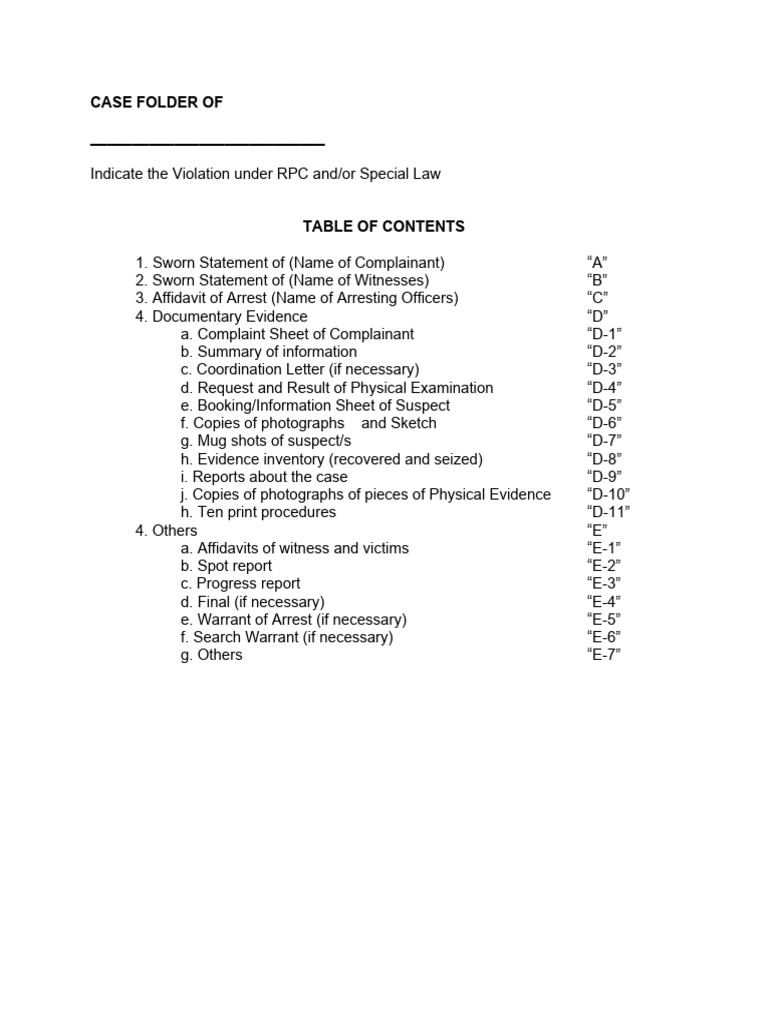Table of Content of Case Folder | PDF