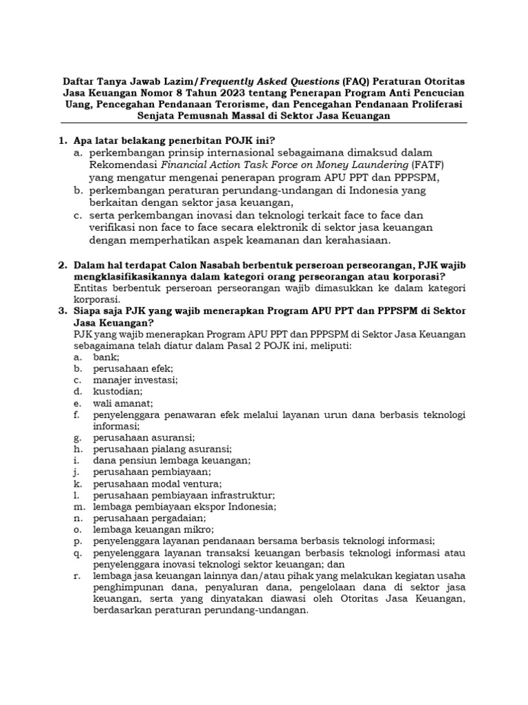 Faq Pojk 8 Tahun 2023 - Penerapan Program Apu PPT Dan PPSPM Di SJK ...