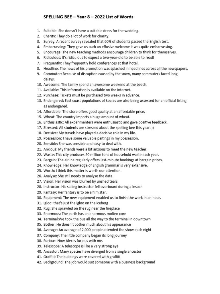 SPELLING BEE Year 8 2023 List of Words-1 | PDF