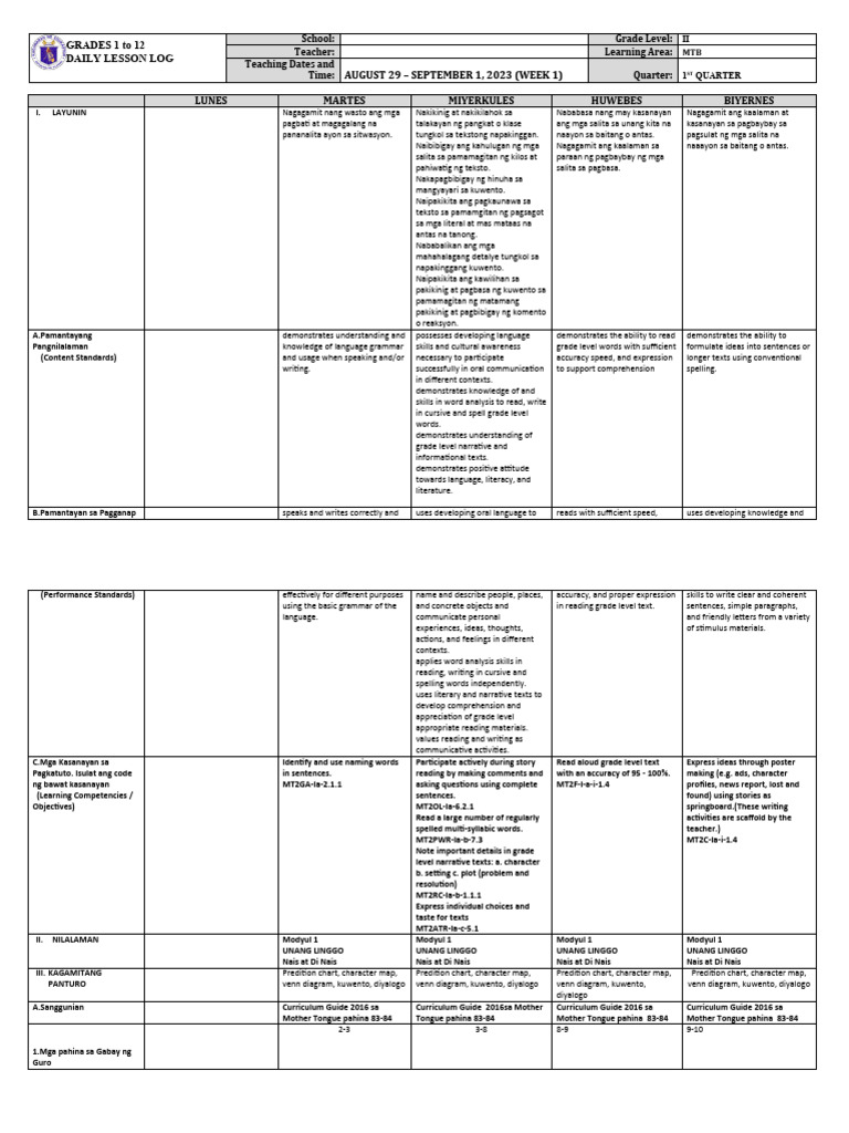 DLL - MTB 2 - Q1 - W1 | PDF