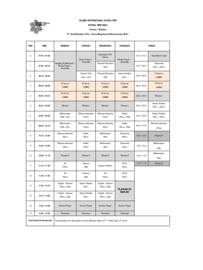 Primary Timetable 2022-2023 (Ramadhan Version) - Halaman-2 | PDF