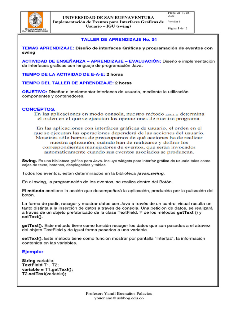 Guía de Aprendizaje - IGU y Programacion de Eventos - Swing | PDF | Interfaces gráficas de ...