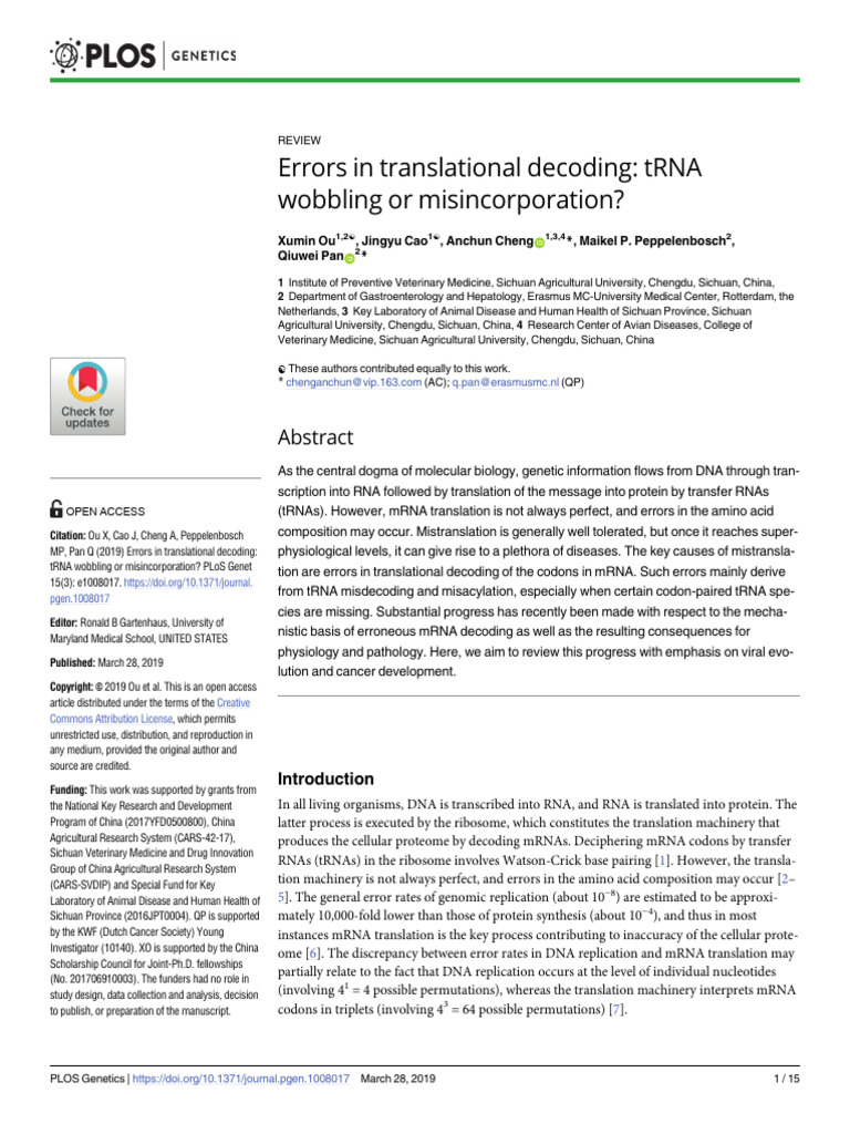 Errors in Translational Decoding tRNA Wobbling or Misincorporation | PDF | Translation (Biology ...