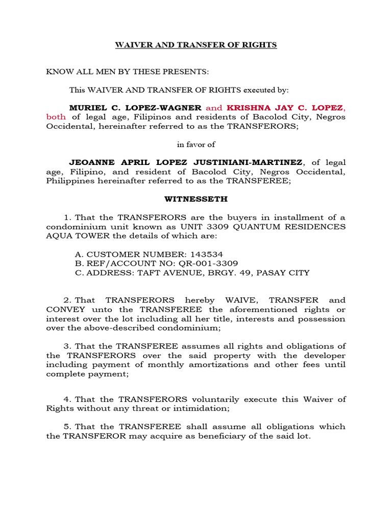 Waiver of rights-MURIEL C. LOPEZ-WAGNER | PDF | Civil Law (Legal System ...