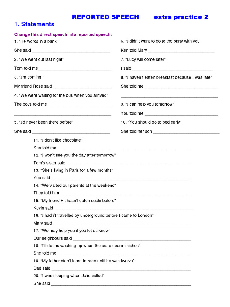 Reported Speech Extra Practice 2 Key Answers | PDF