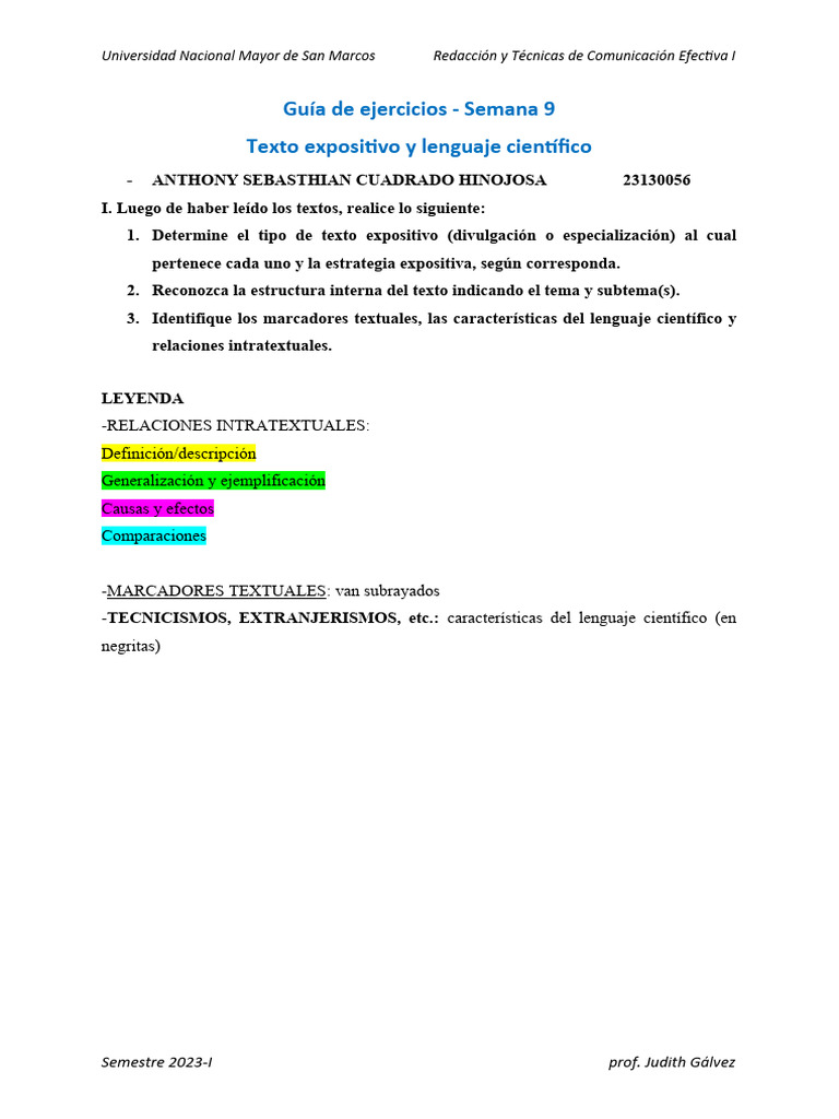 Guía de Ejercicios. Semana 9. Texto Expositivo y Lenguaje Científico ... Guía de Ejercicios. Semana 9. Texto Expositivo y Lenguaje Científico ...