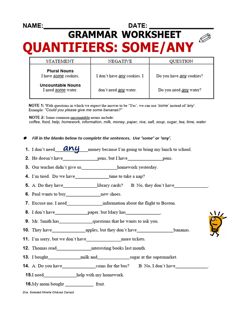 Worksheet 1 (Some-Any) | PDF