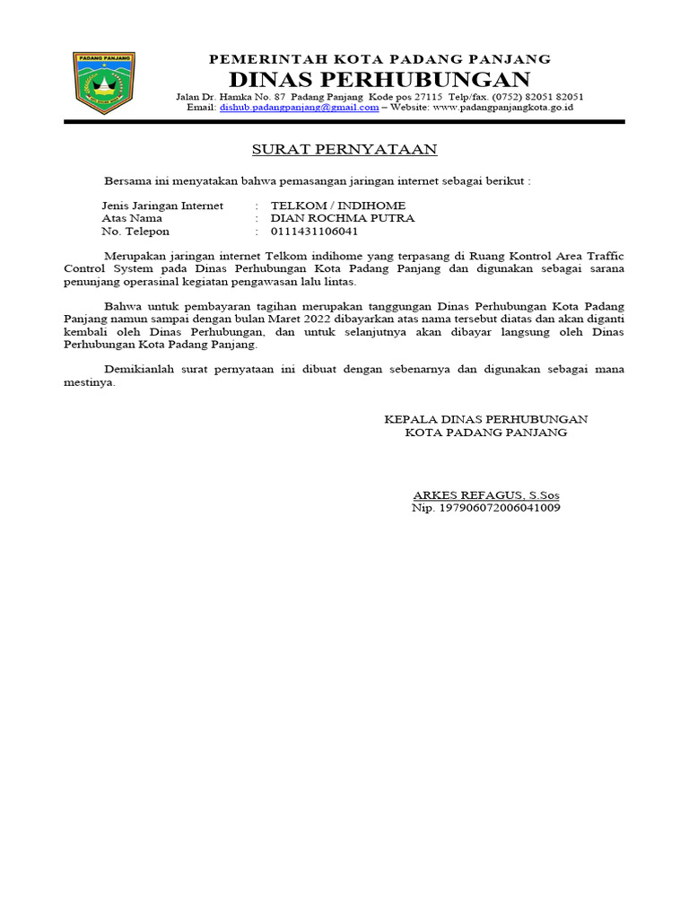 Surat Pernyataan Internet Indihom | PDF