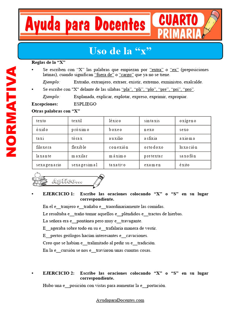 Uso de La X para Cuarto de Primaria 1 | PDF | Artes del Lenguaje y ...