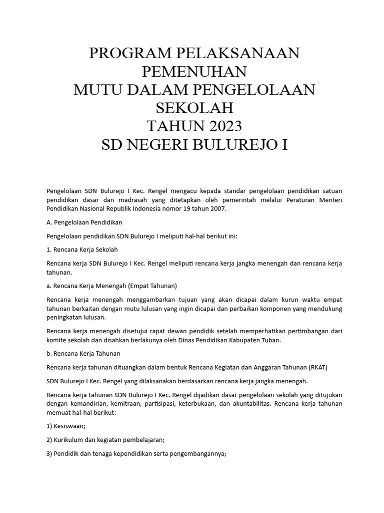 E. PROGRAM PELAKSANAAN PEMENUHAN MUTU SEKOLAH - Bujoi | PDF