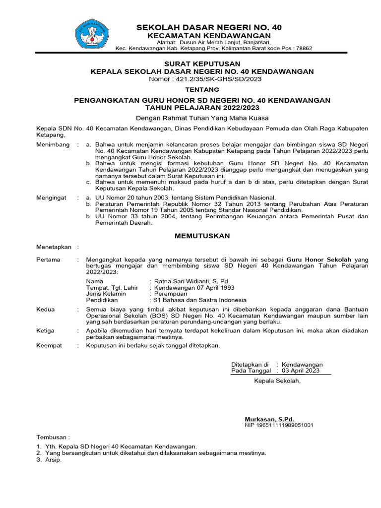Contoh SK Guru Honor | PDF