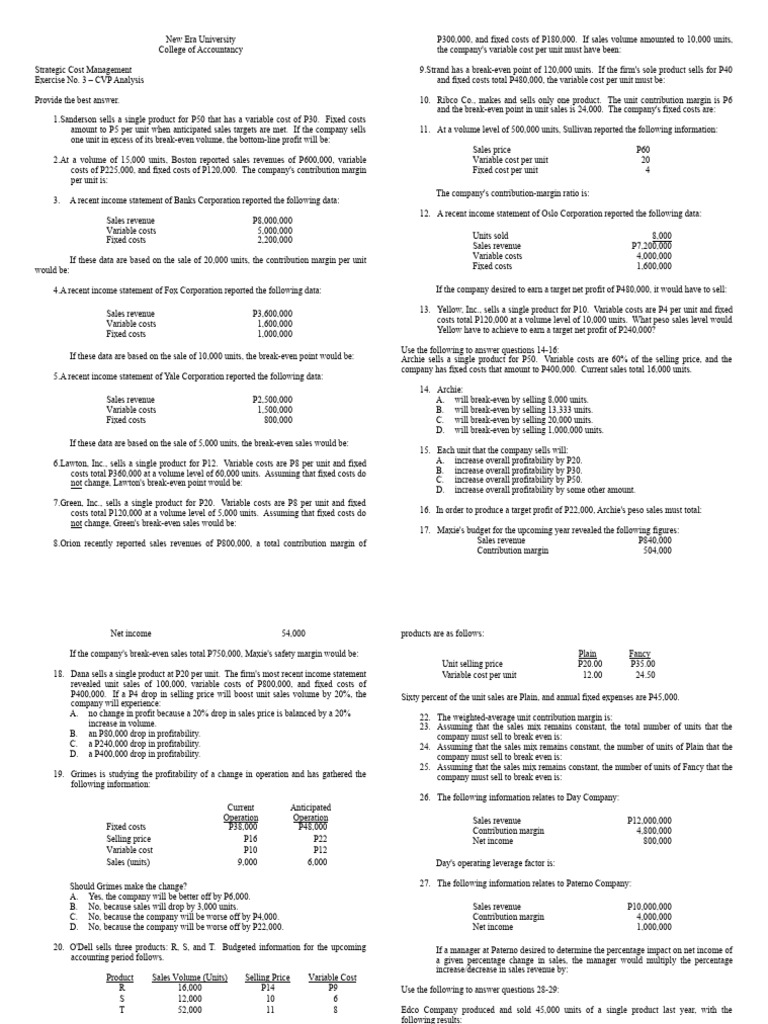 Exercise No. 3 CVP Analysis | PDF | Gross Margin | Financial Economics