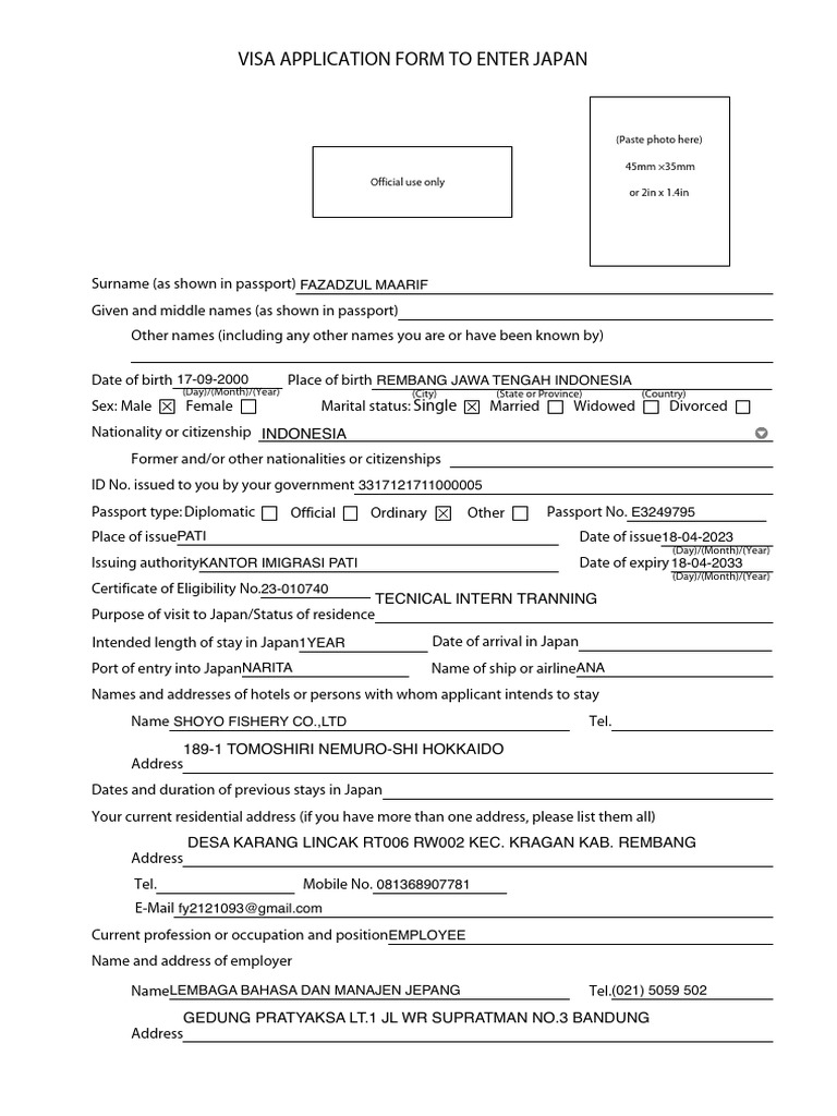 Visa Application Form To Enter Japan: Fazadzul Maarif | PDF