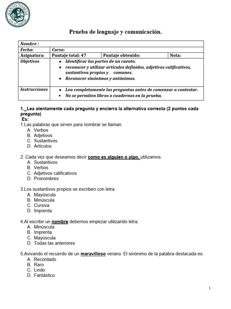 Prueba de Lenguaje 4 Basico | PDF