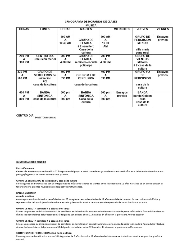 Crnograma De Horarios De Clases Descargar Gratis PDF Las Artes