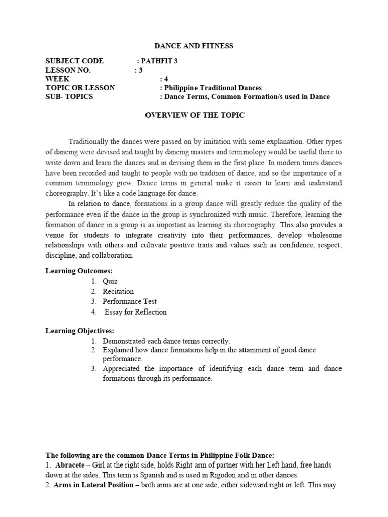 Lesson 3 Week 4 Dance Terms and Common Formations Used in Dance | PDF ...