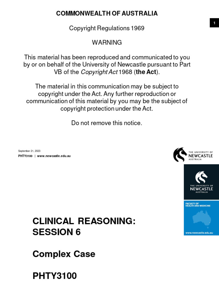 PHTY3100 Clinical Reasoning Session 6 2023 | PDF