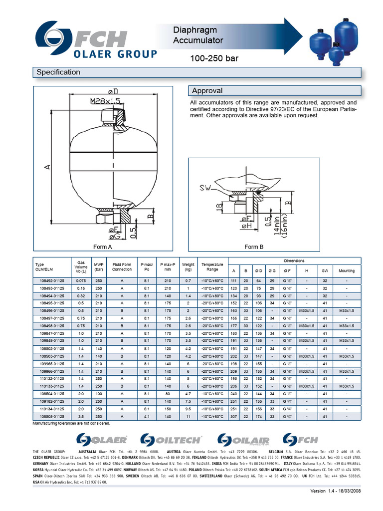 OLAER DIAPHRAGM ACCUMULATOR-100-250-bar | PDF