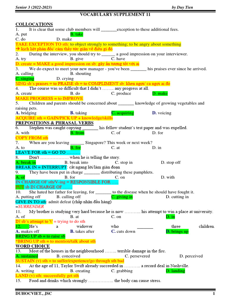 Vocabulary and Idioms for Senior 3 | PDF